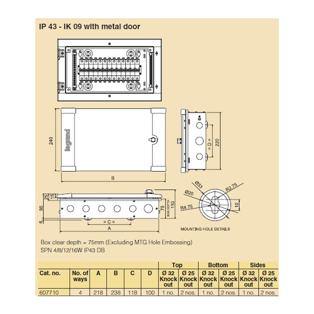 Legrand 4 way Ekinox 3 IP 43 - # IK 09 with metal door SPN DBs | mykit ...